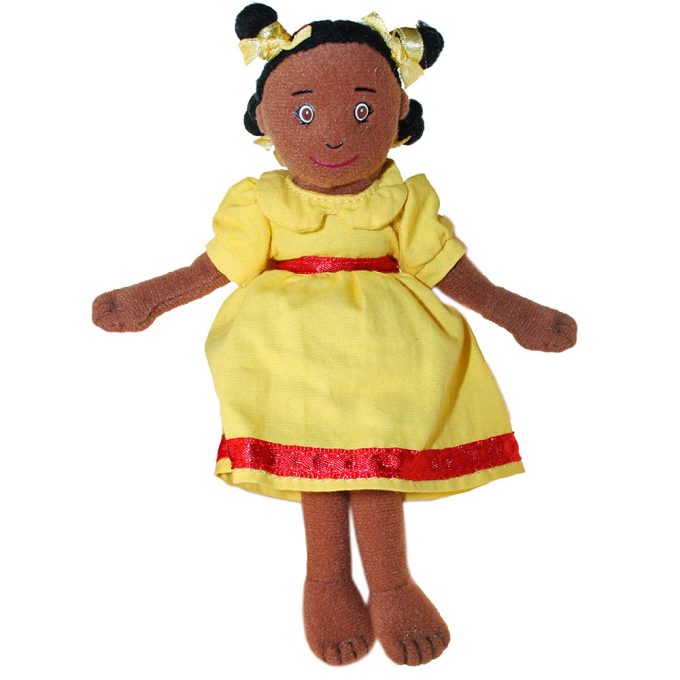 Girl – Dark Skin Tone, Yellow Dress – Finger Puppets – The Puppet Company